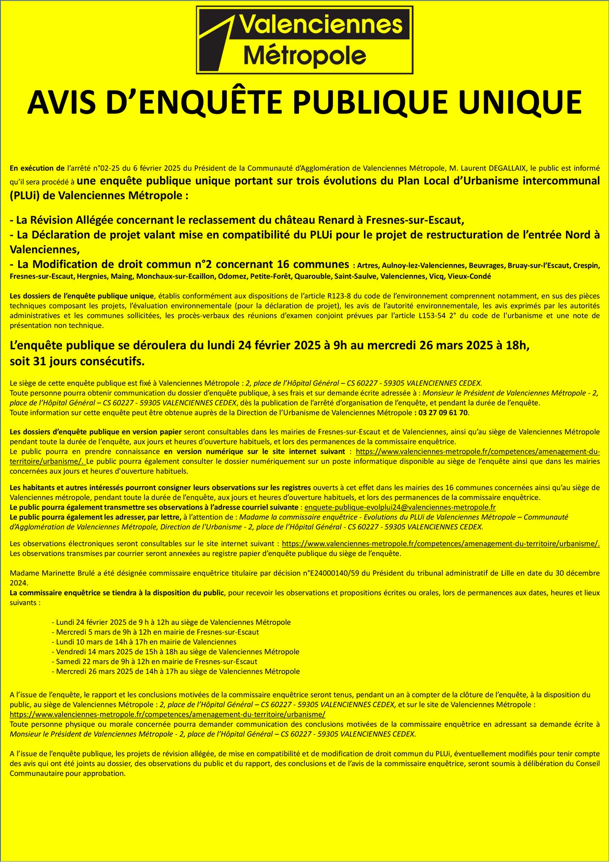 AVIS ENQUÊTE PUBLIQUE UNIQUE - Ville de Saint Saulve